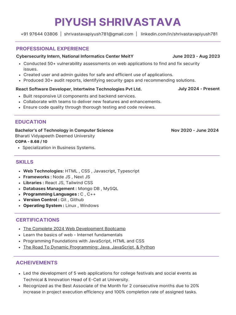 Piyush Shrivastava Resume | PDF | World Wide Web | Internet & Web