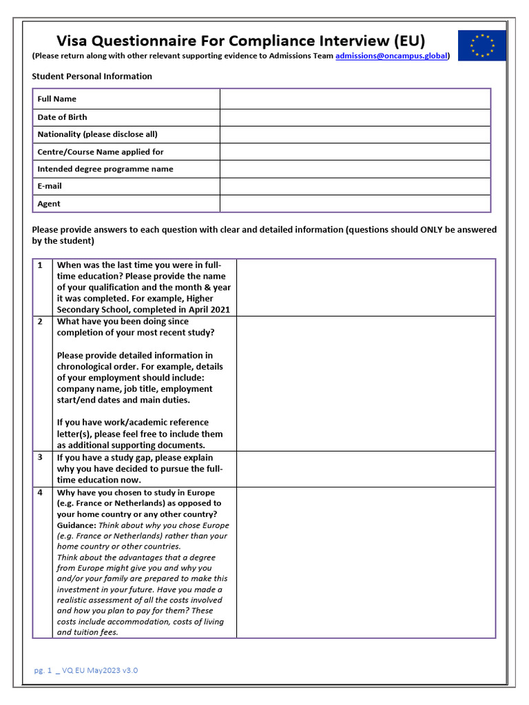 Visa Questionnaire EU V3.1 May2023 2 | PDF | Cost Of Living | Travel Visa
