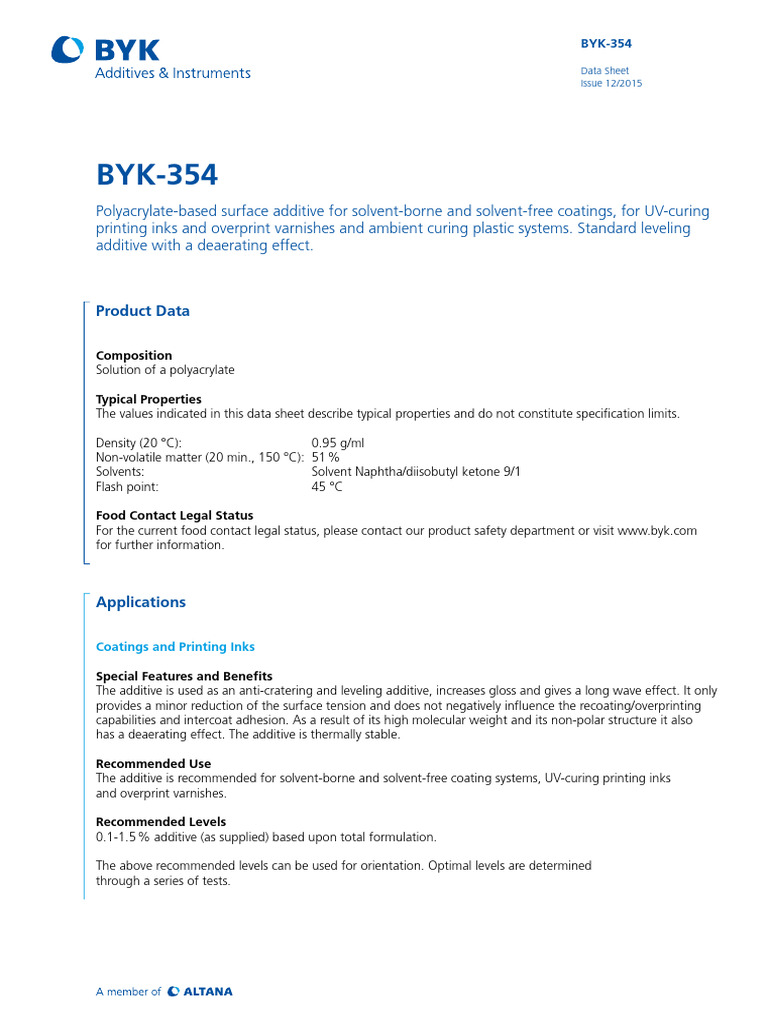 BYK-354 - Leveling For SF & SB Polyacrylate | PDF | Implied Warranty | Industrial Processes