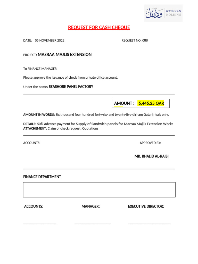 Request For Cash Cheque No. 088 | PDF