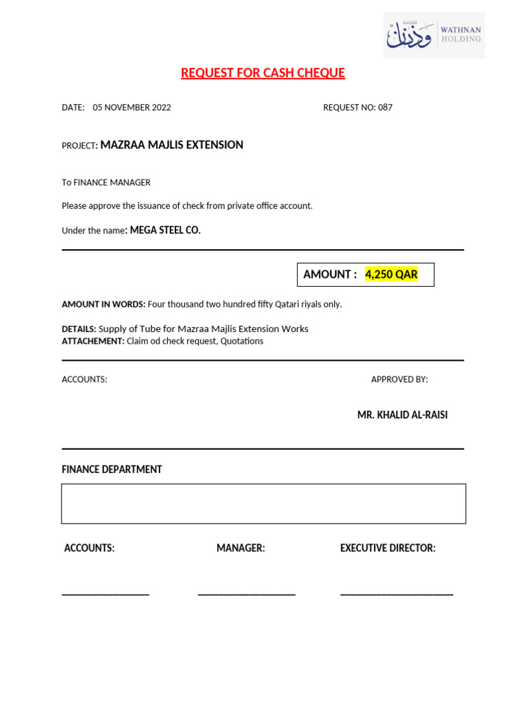 REQUEST FOR CASH CHEQUE NO. 087 | PDF