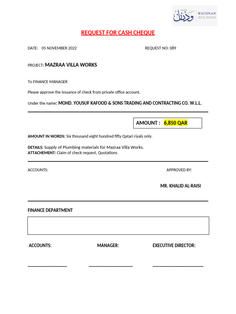 Request For Cash Cheque No. 089 | PDF