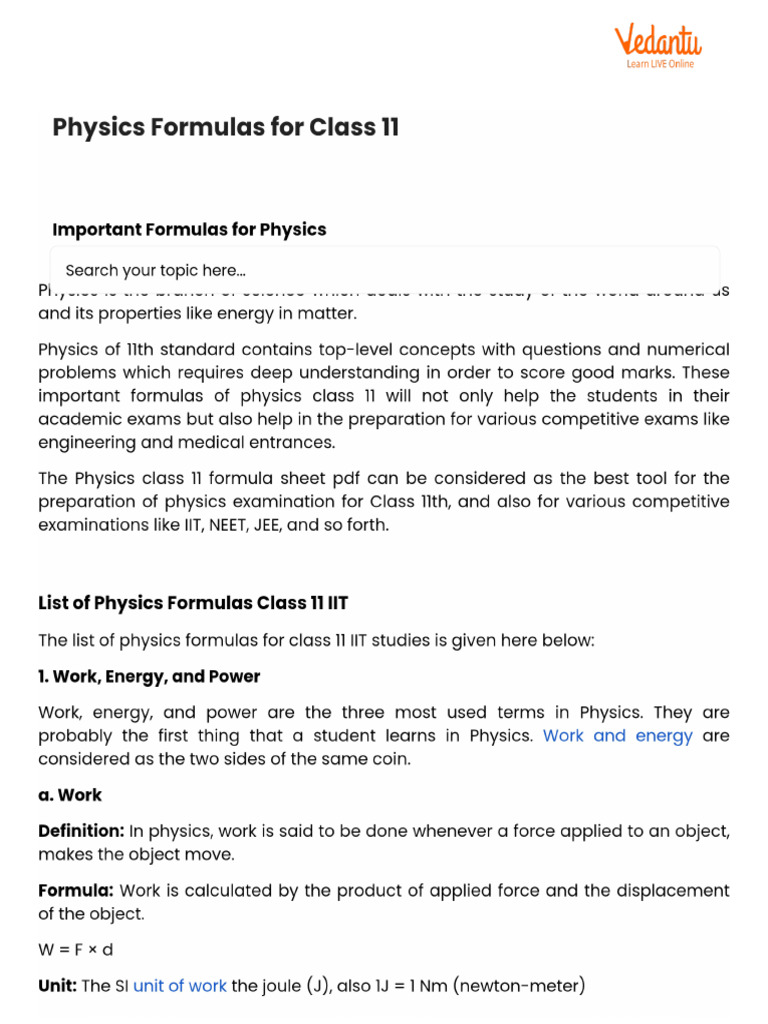 Physics Formulas For Class 11 | PDF