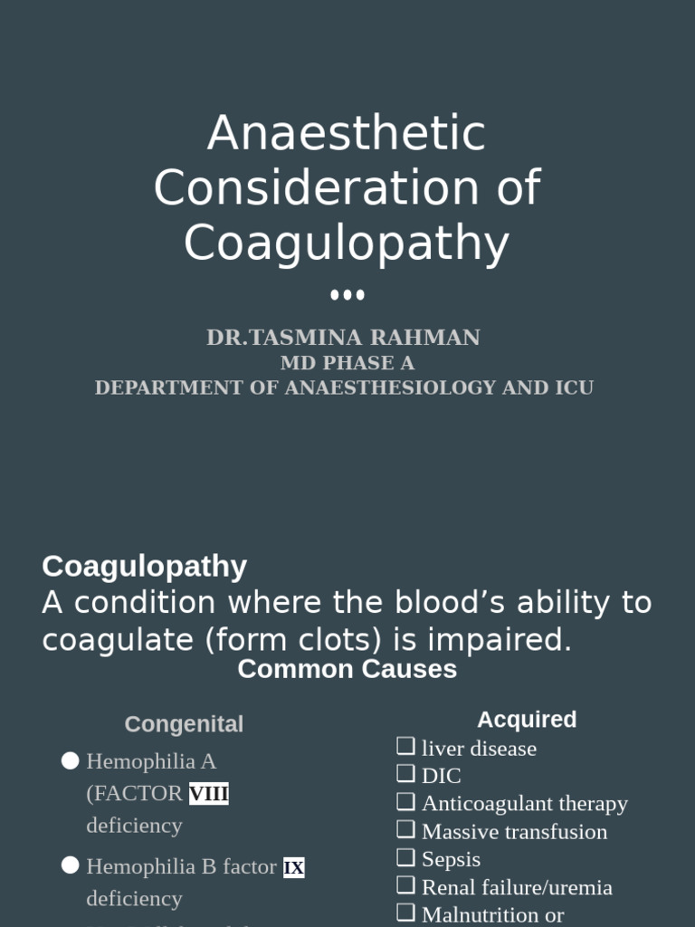 Anaesthetic Consideration of Coagulopathy | PDF | Coagulation | Bleeding
