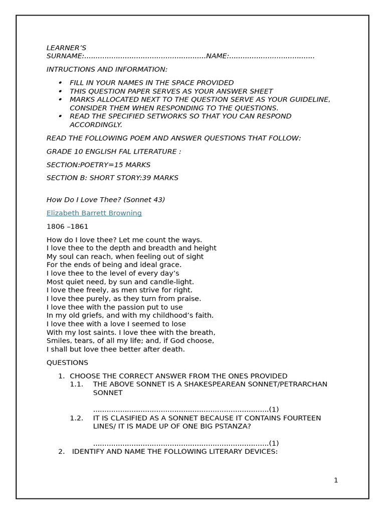 Grade English Literature Activity | PDF | Sonnets