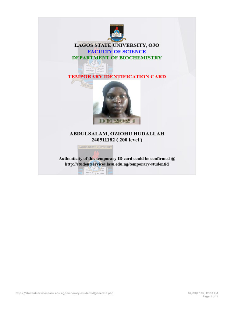 LASU Temporary ID Card Verification | PDF