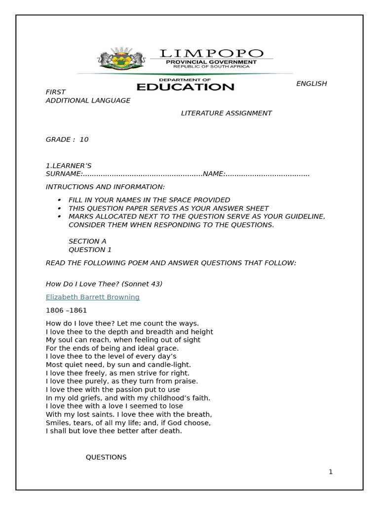Grade 10 Literature Home Take Activity | PDF | Sonnets