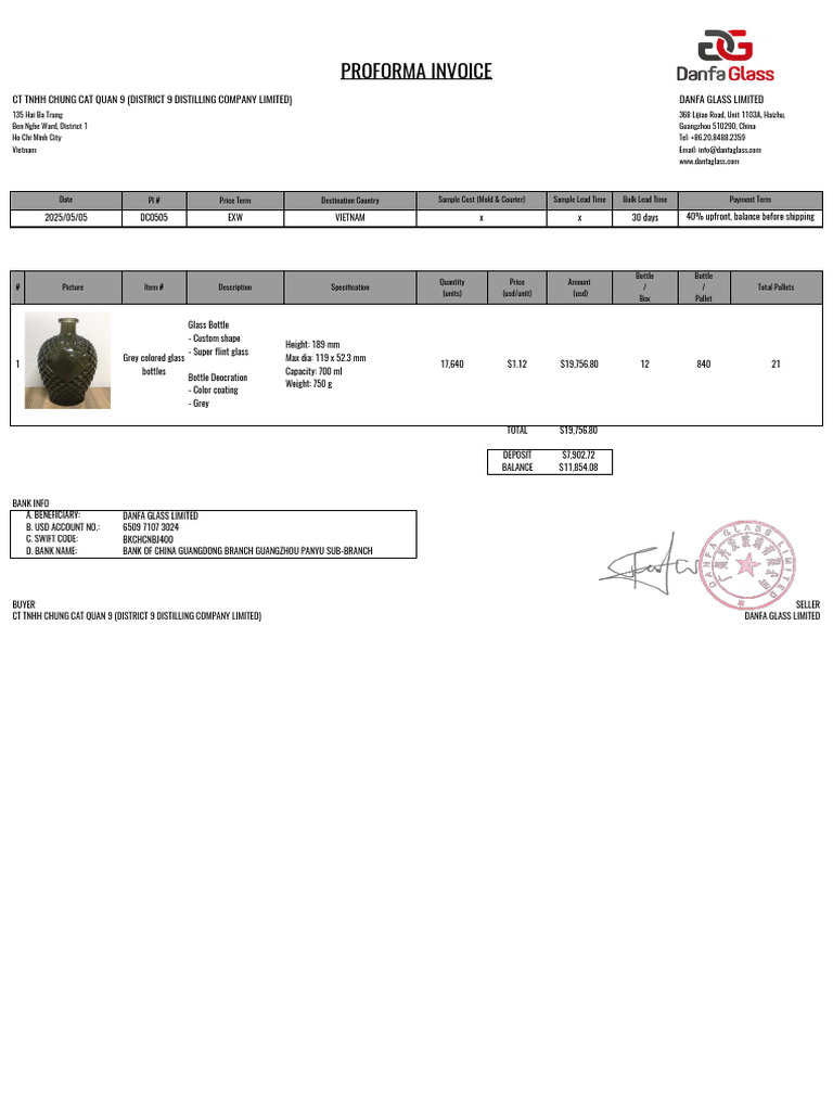 PI Glass Bottle - CT TNHH CHUNG CAT QUAN 9 - Danfa Glass - 2025 0505 | PDF