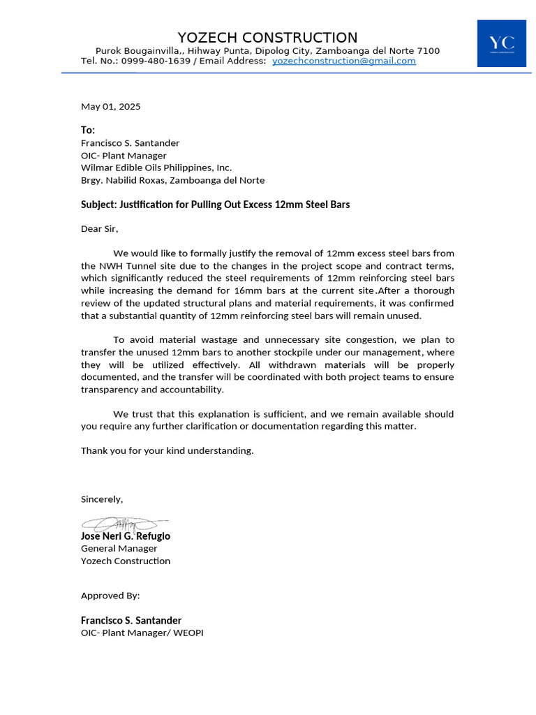 Justification Letter (Steel Bar) | PDF