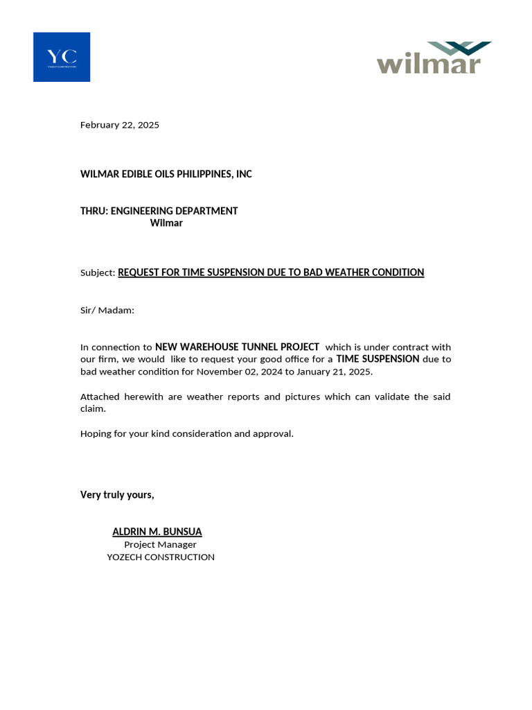 Request for Work Suspension Due to Weather | PDF