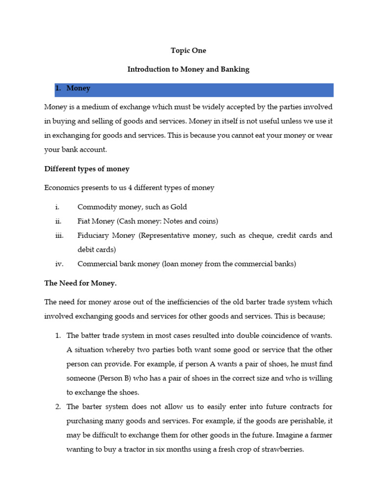 Topic One - Introduction To Money and Banking | PDF | Money | Money Supply