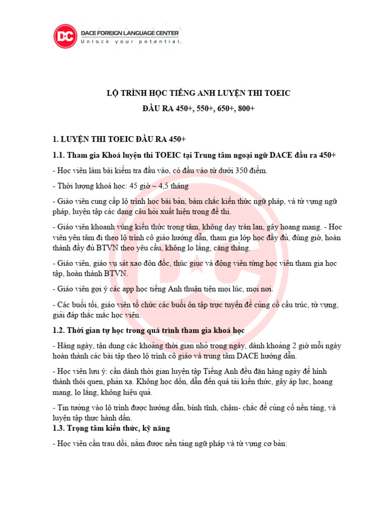 Lo Trinh Hoc Tieng Anh Luyen Thi TOEIC Dau Ra 450,550,650,800 | PDF
