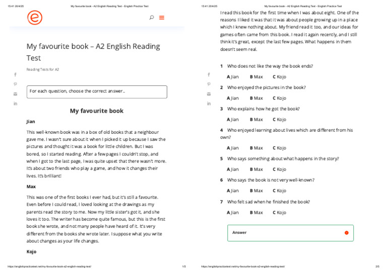 A2 Reading Test: My Favourite Book | PDF