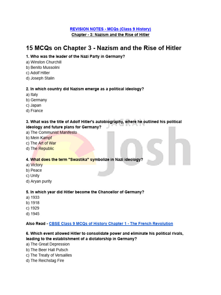 Class 9 History MCQs: Nazism & Hitler | PDF | Nazi Germany | Adolf Hitler