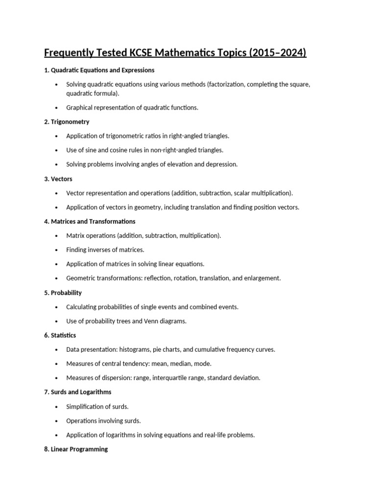 Frequently Tested KCSE Mathematics Topics | PDF