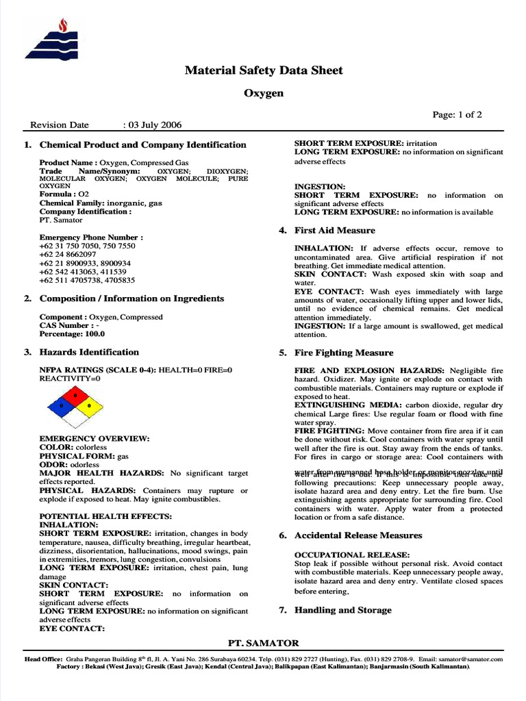 PT Samator Oxygen Safety Data Sheet | PDF | Oxygen | Fires