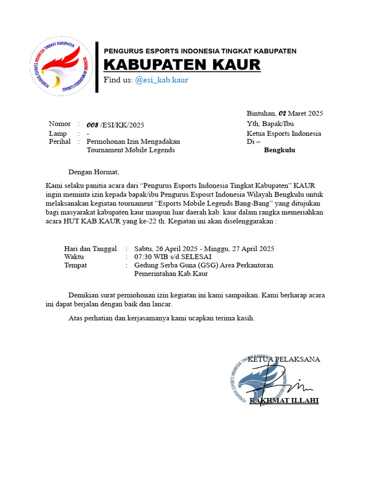Surat Permohonan Izin Tournament MLBB 2025 ESI - KabKAUR | PDF