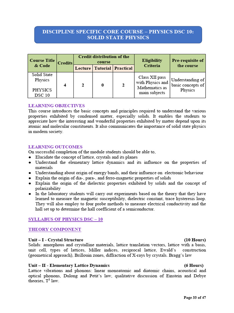 Solid State Physics (DSC) Sem-6 Syllabus | PDF | Crystal Structure | Solid
