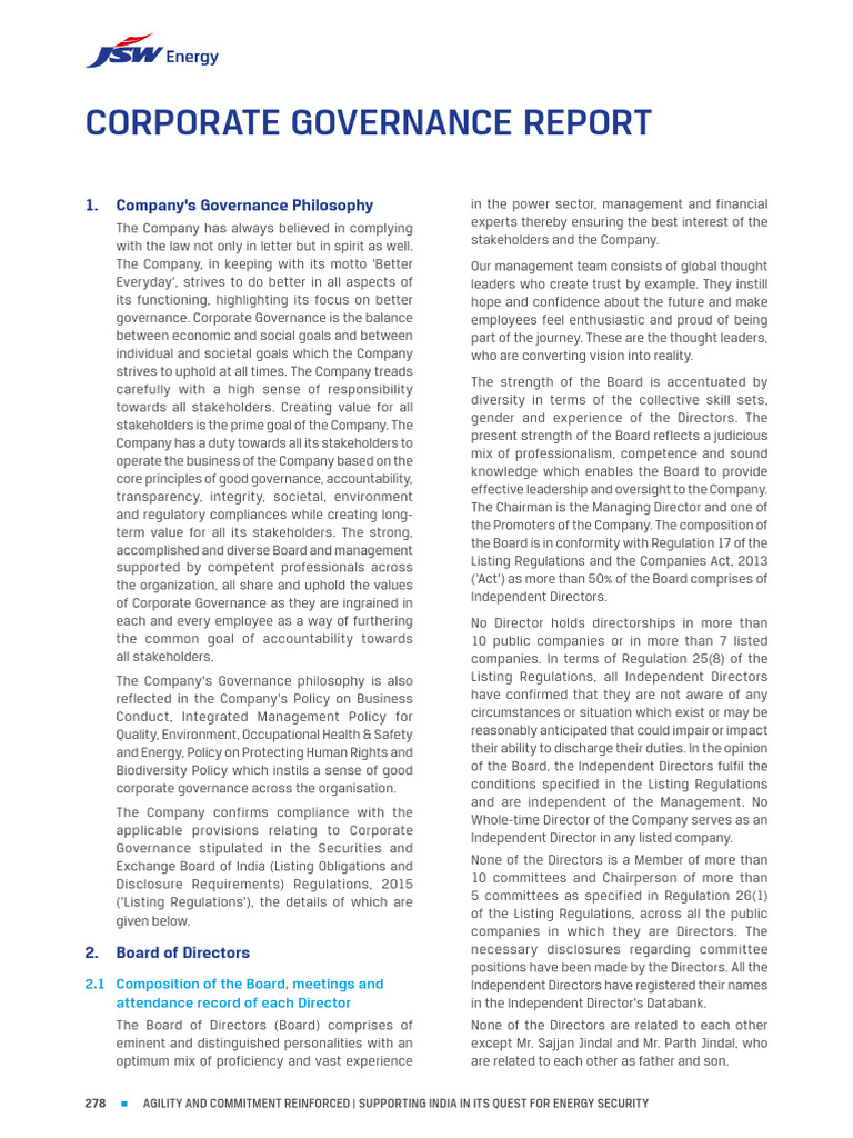 corporate-governance-report jsw | PDF | Governance | Corporate Governance