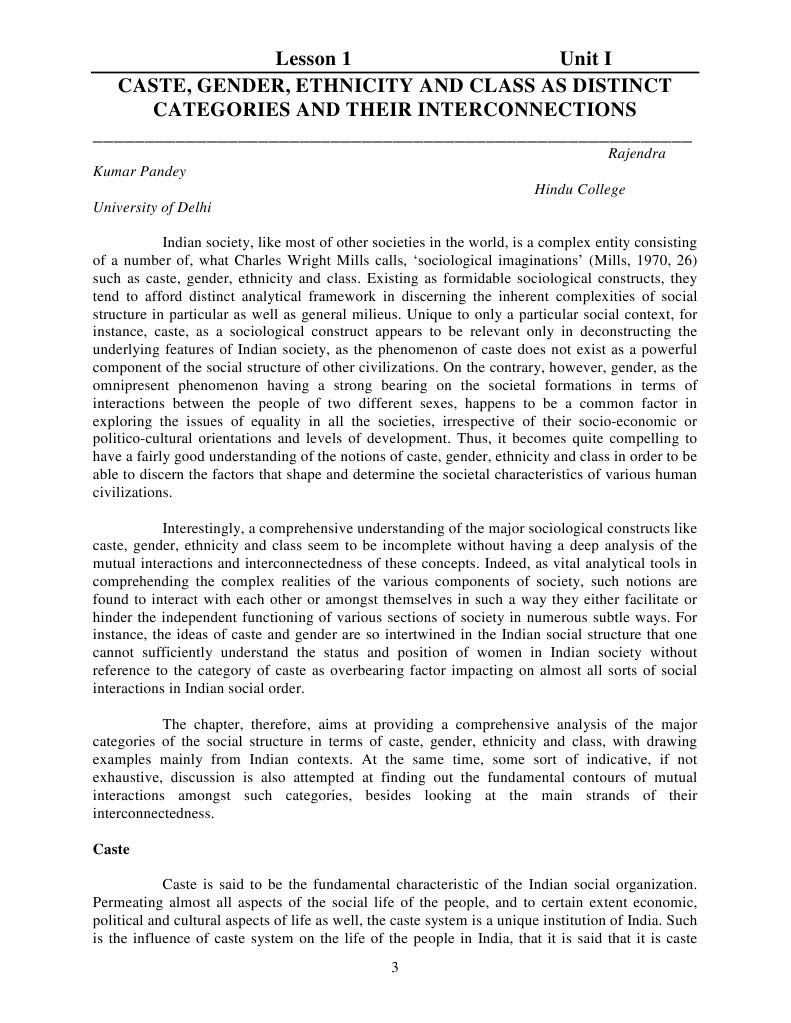 Lesson 1 Unit I Caste, Gender, Ethnicity and Class As Distinct ...