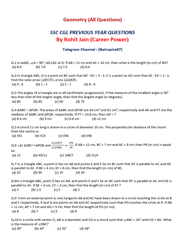 SSC CGL Geometry Practice Questions | PDF | Circle | Trigonometry