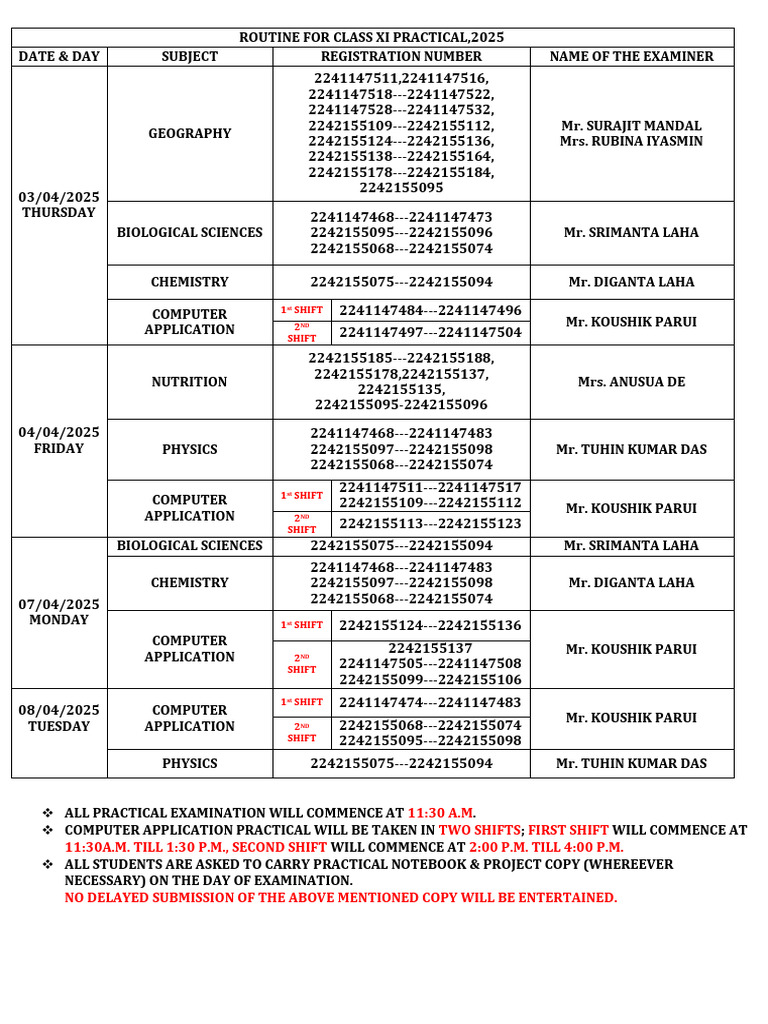 Class XI 1st Semester Routine 2025 | PDF