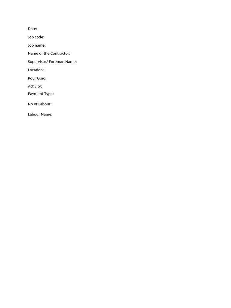 Date: Job Code: Job Name: Name of The Contractor: Supervisor/ Foreman ...