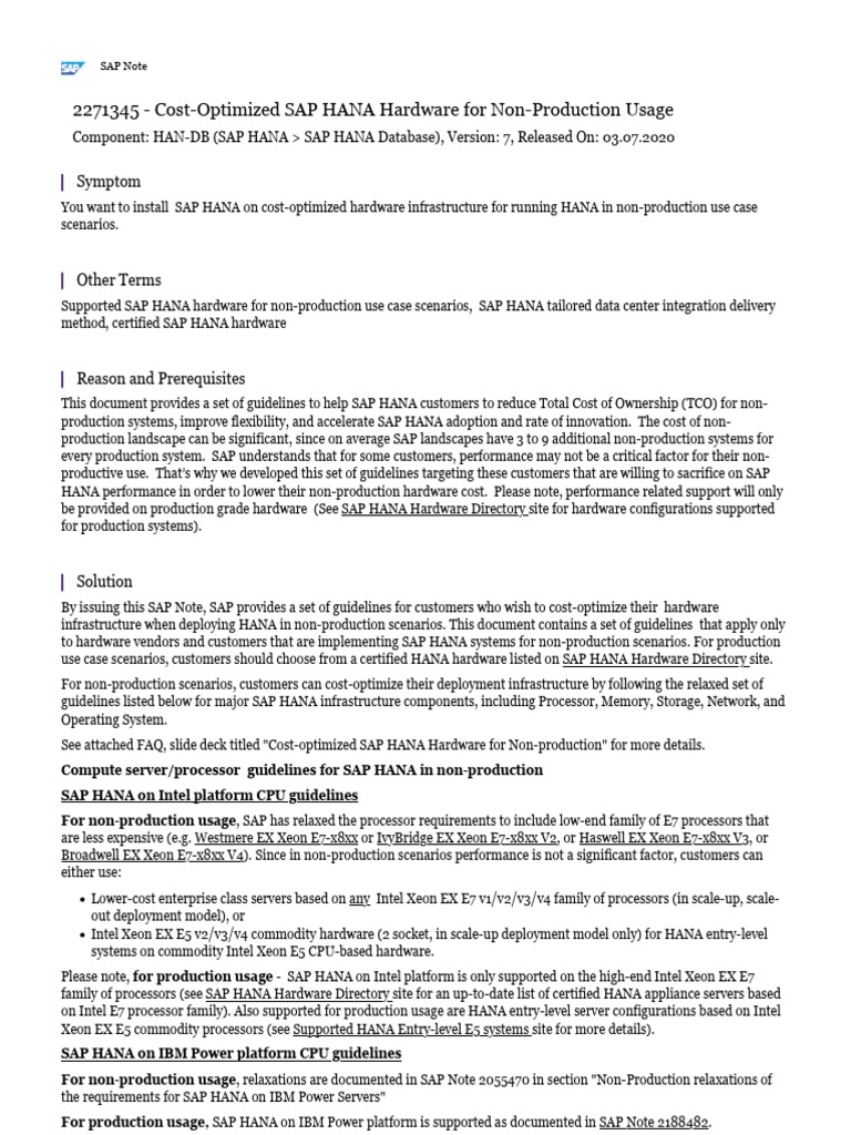 Cost-Optimized SAP HANA HW For Non-Production Usage | PDF | Computing | X86 Architecture