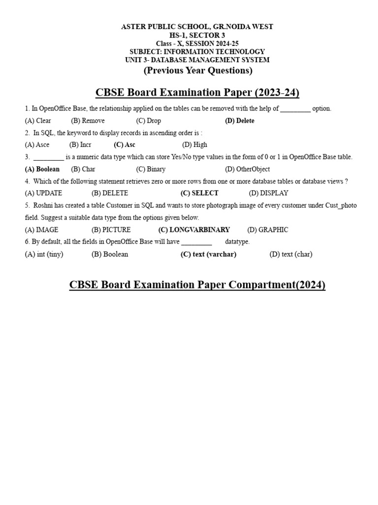 Part B Unit 3 PYQ (MCQ) (2) | PDF | Databases | Relational Database