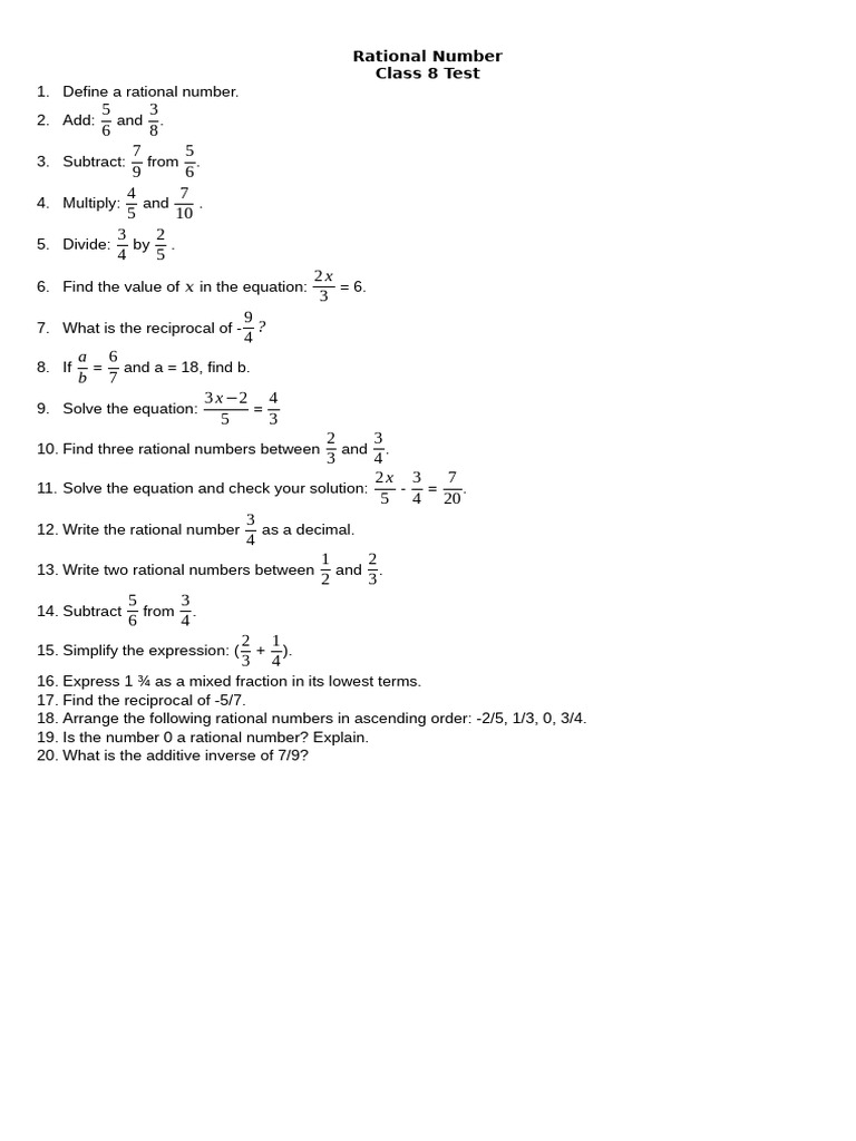 Rational Number Class 8 Test | PDF