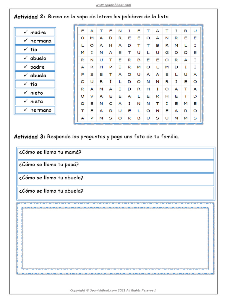 Family Spanish Wordsearch Worksheet 2 | PDF