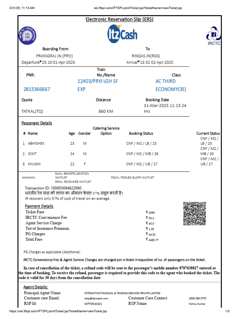 Electronic Reservation Slip for Train Travel | PDF | Payments | Service ...