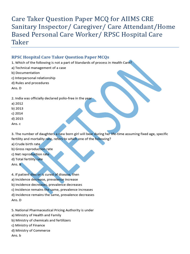 Care Taker Question Paper MCQ For AIIMS CRE Sanitary Inspector ...
