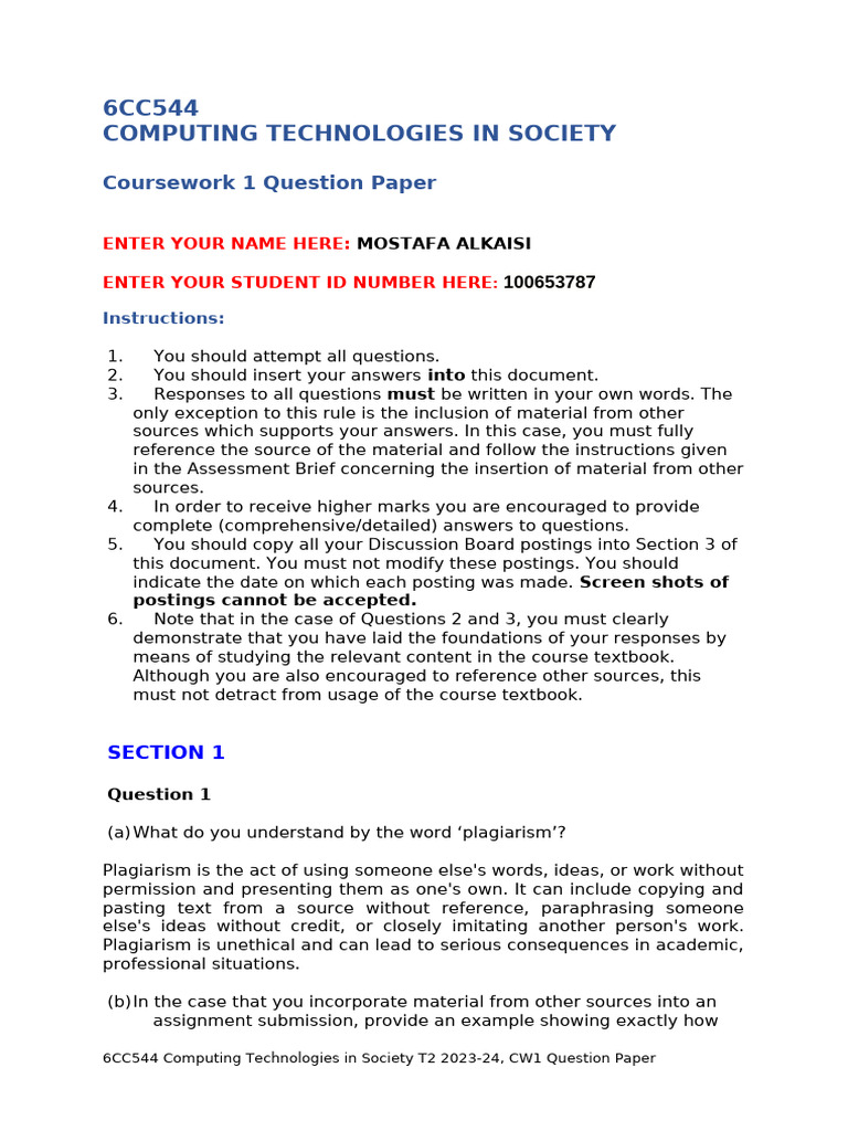 Computing Technologies Coursework Guide | PDF | Plagiarism | Information