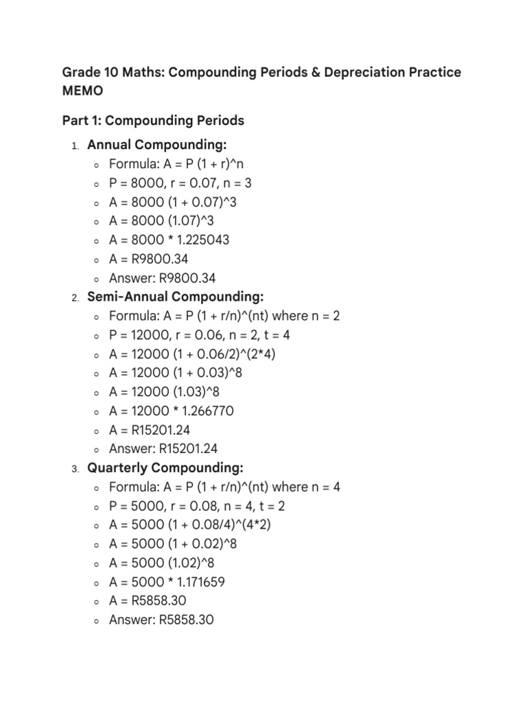 Grade 10 Maths - Compounding & Depreciation Exercises MEMO | PDF ...