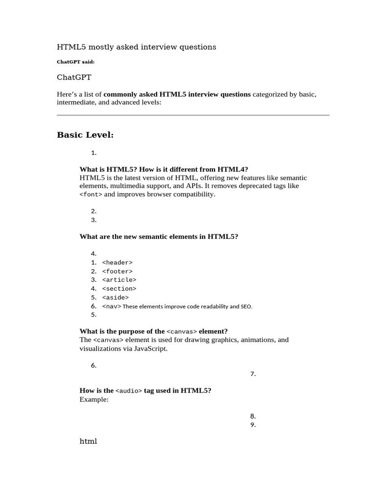 HTML5 Mostly Asked Interview Questions | PDF | Html5 | Html