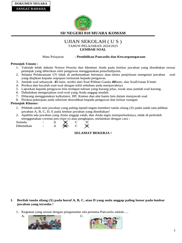 Naskah Soal Us SD PPKN | PDF