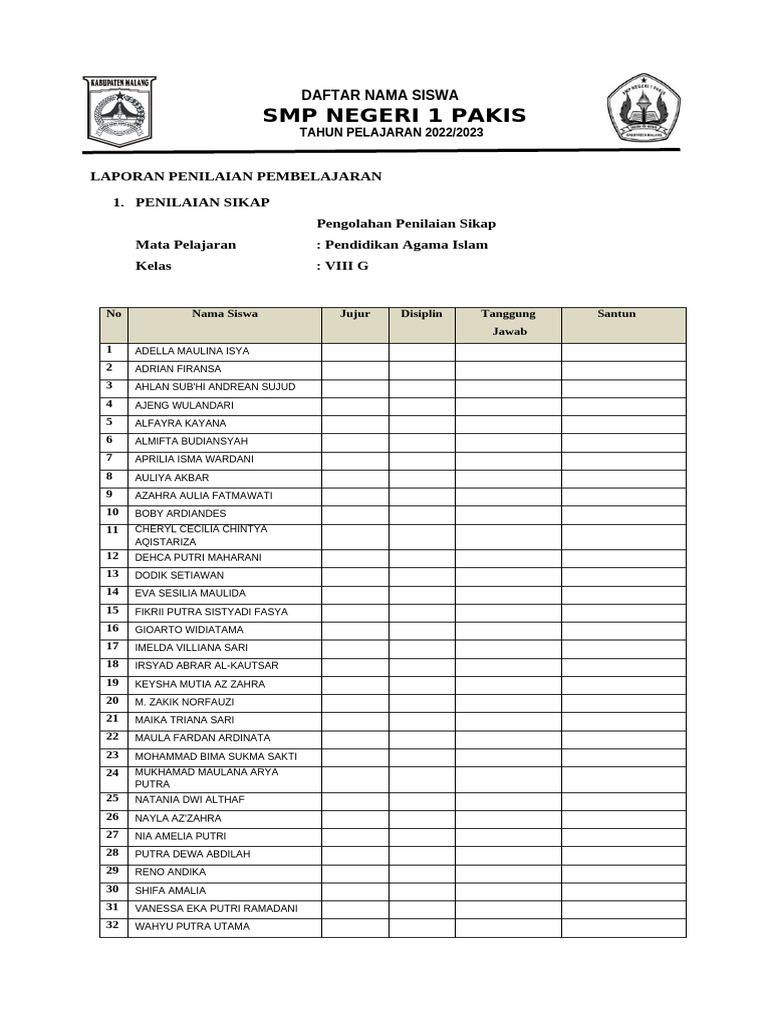 Contoh Tabel Penilaian | PDF
