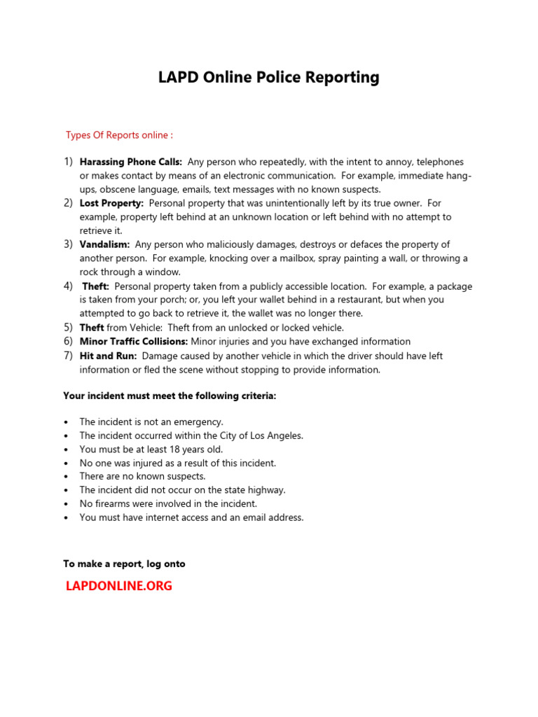 LAPD Online Police Reporting Info Sheet | PDF | Los Angeles Police ...