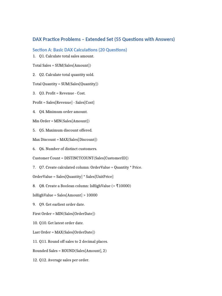 DAX Practice Problems 55 Questions | PDF