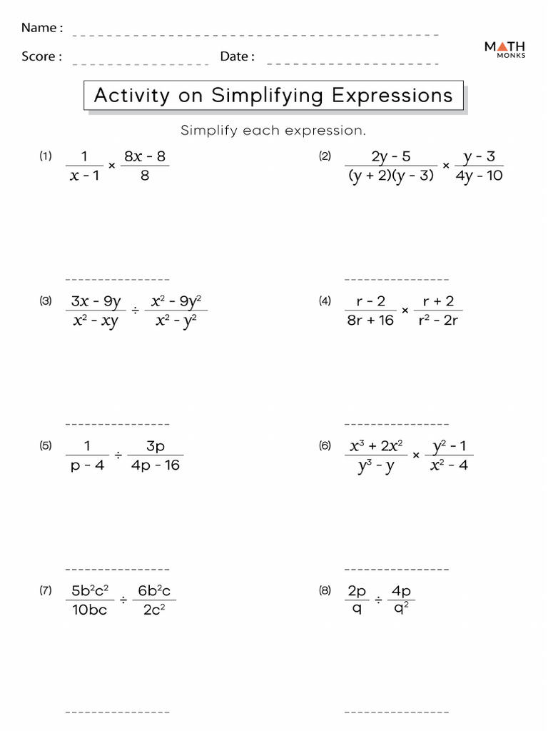 Simplifying Algebraic Expressions Grade 7 Worksheets 6 | PDF