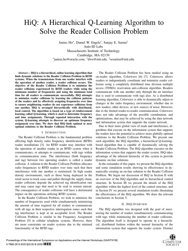 Hiq A Hierarchical Qlearning Algorithm To Solve The Reader Colli | PDF | Mathematical ...