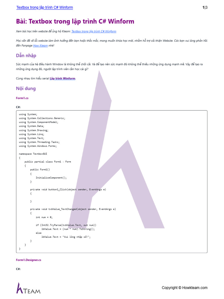 HOWKTEAM.VN - Textbox trong lập trình C# Winform | PDF
