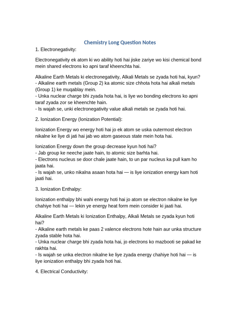 Chemistry Long Question Notes | PDF