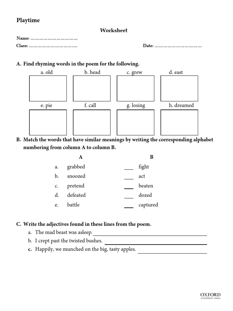 Playtime Poem Worksheet for Class 3 | PDF