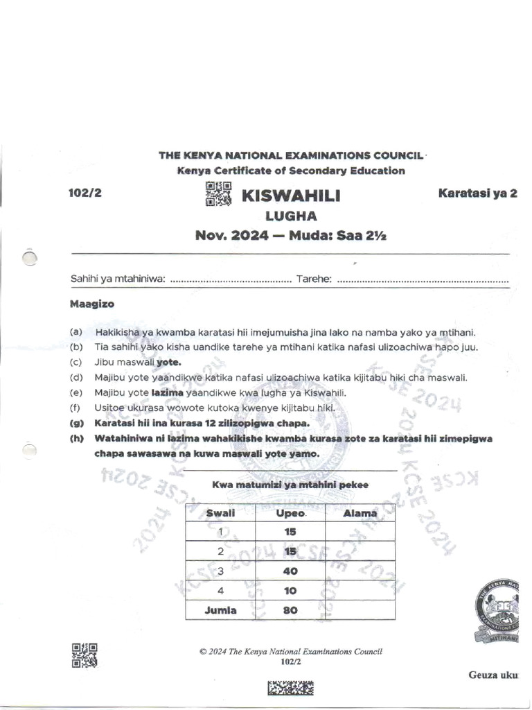 2024 Kcse Kiswahili Paper 2 | PDF