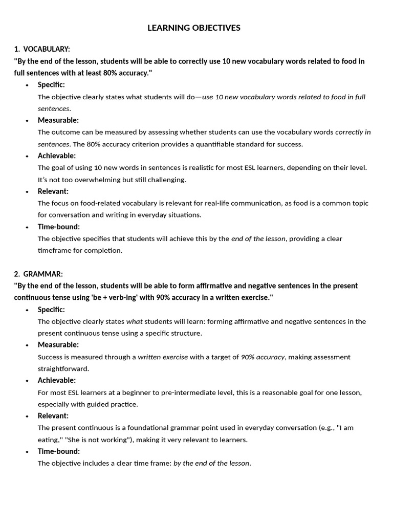 Example - Learning Objectives | PDF | Reading Comprehension | Vocabulary