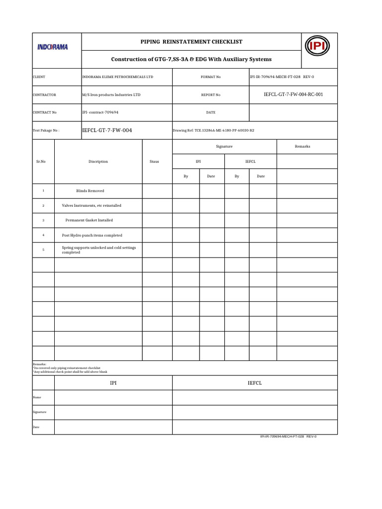 Ipi-Ir-709694-Mech-Ft-028 Piping Reinstatement Checklist | PDF