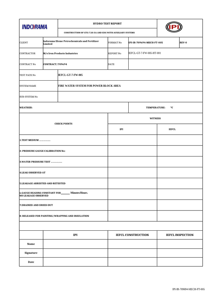 IPI-IR-709694-MECH-FT-005 - Hydro Test For Piping | PDF