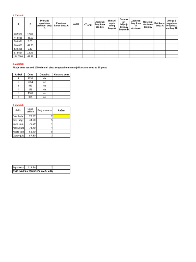 Excel Zadaci Prvi Deo | PDF